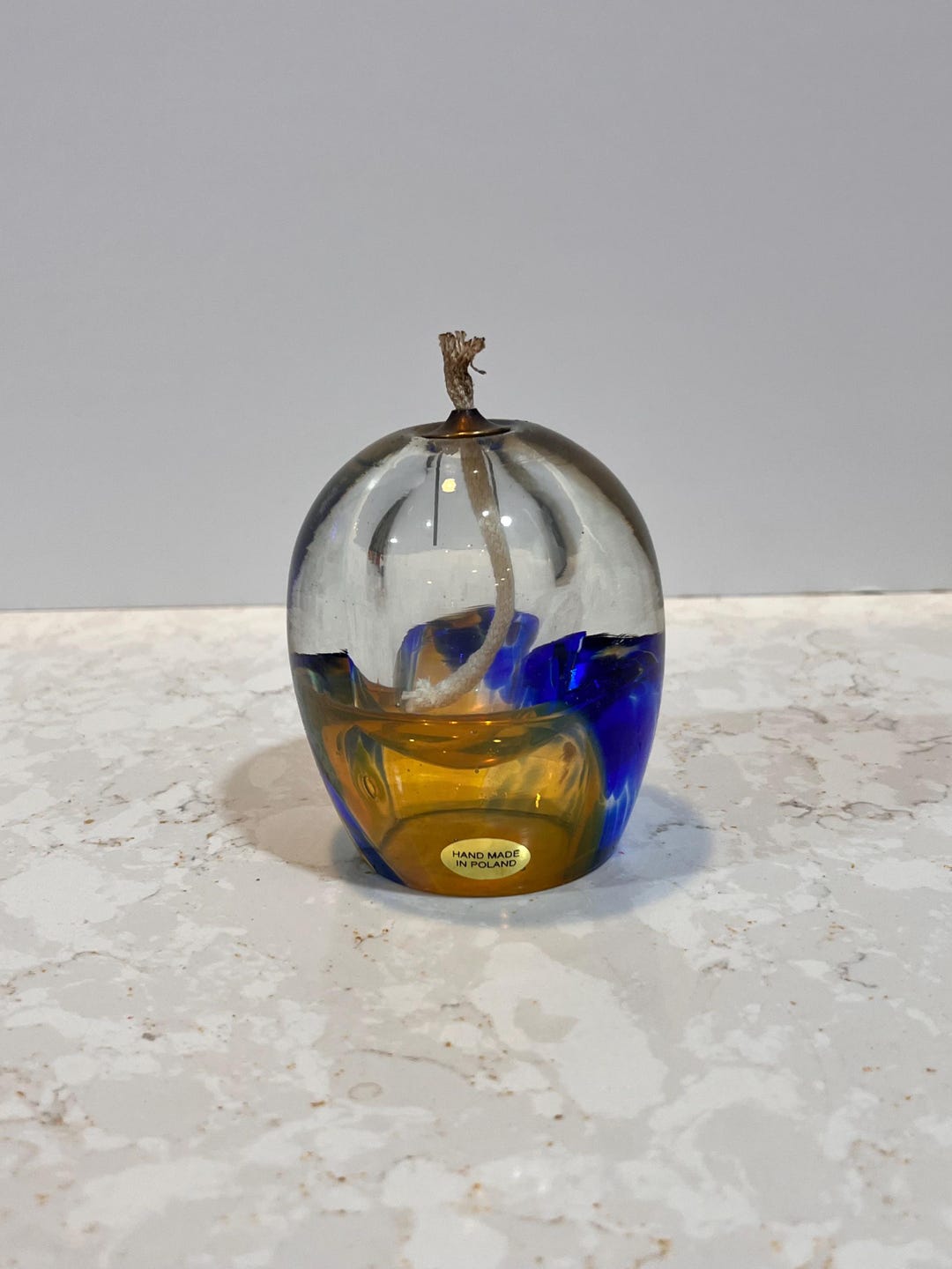 Art Glass Adam Jablonski Blue Yellow Oil Lamp PAPERWEIGHT Poland Tag ...