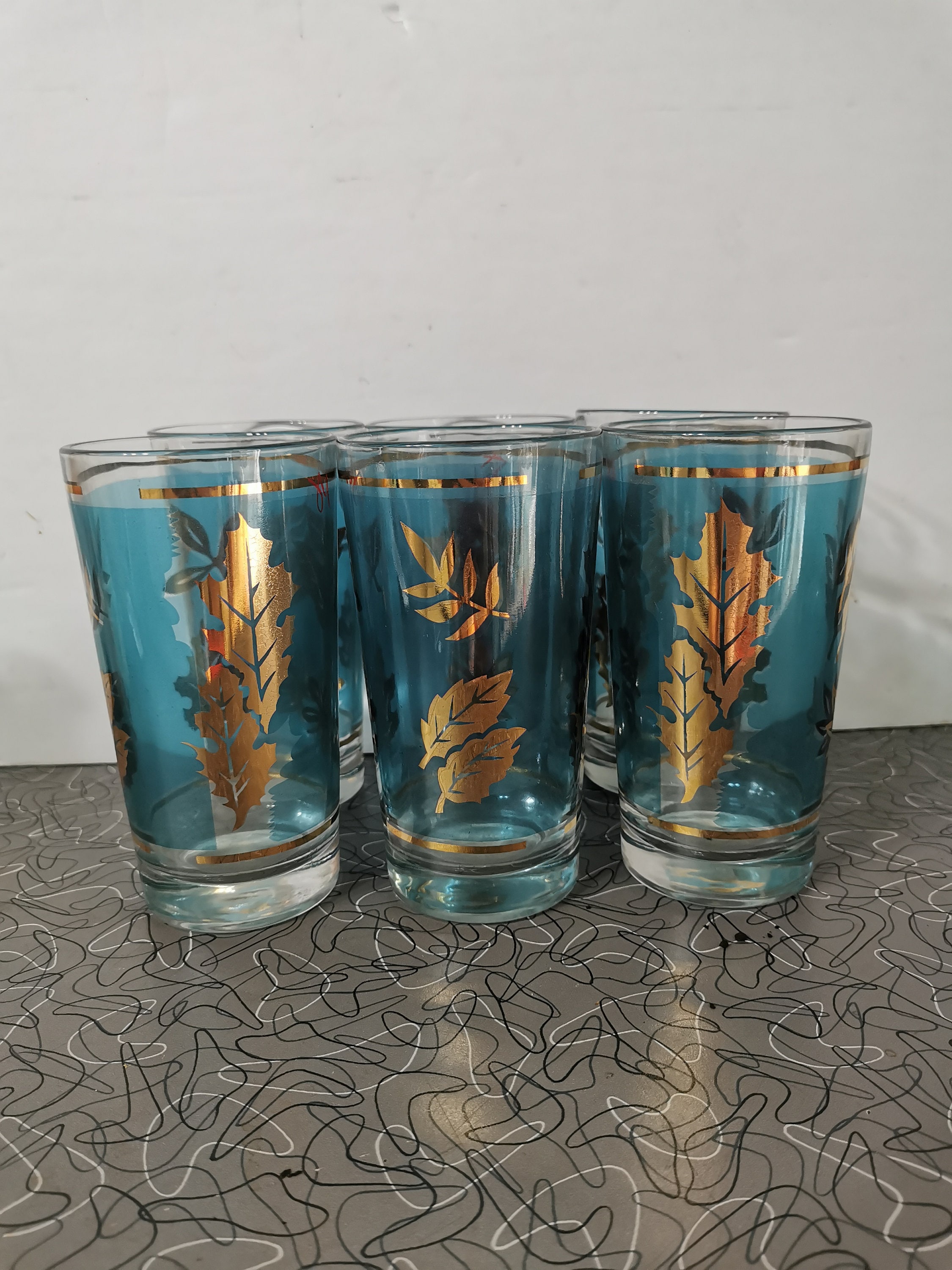 Vintage 1950s Vintage MCM Libbey Aqua Gold LeafFrosted Tumblers With ...