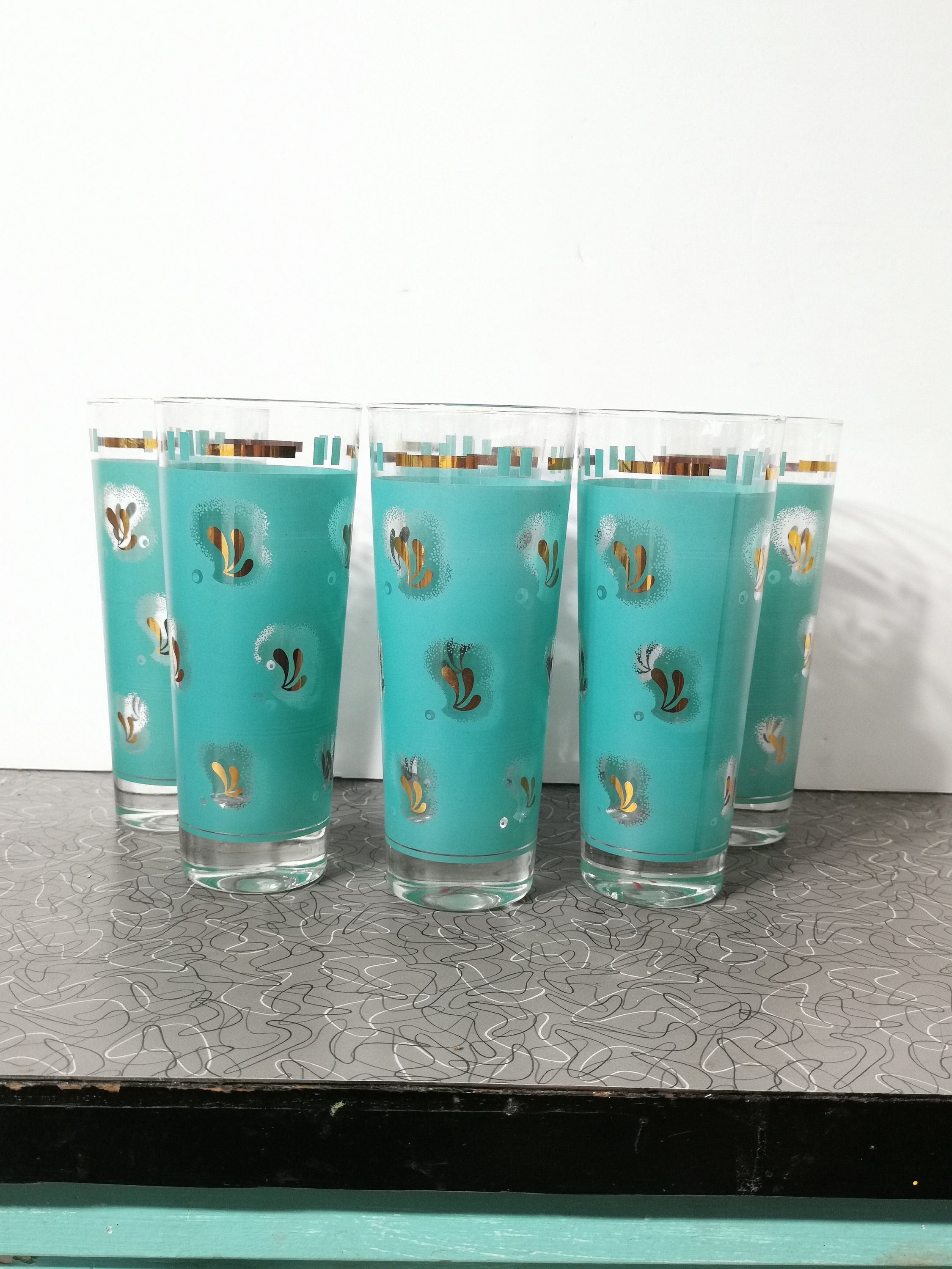 Vintage 1950s Vintage MCM Libbey Aqua Gold LeafFrosted Tumblers With ...