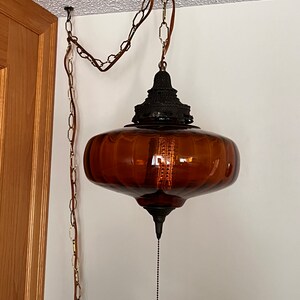 Mid Century Amber Swag Lamp Optic Glass UFO Amber and Root Beer Swag ...