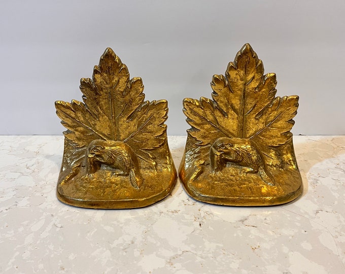 Vintage Brass Beaver Maple Leaf Bookends - Etsy