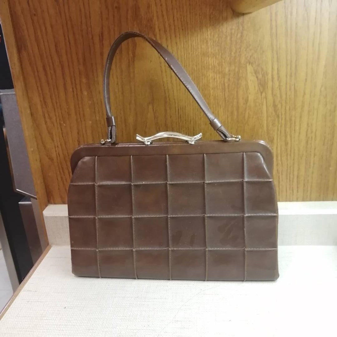 Vintage 1950's Leather Kelly Style Patchwork Cube Handbag Retro Pin up Rockabilly Style Handbag ...