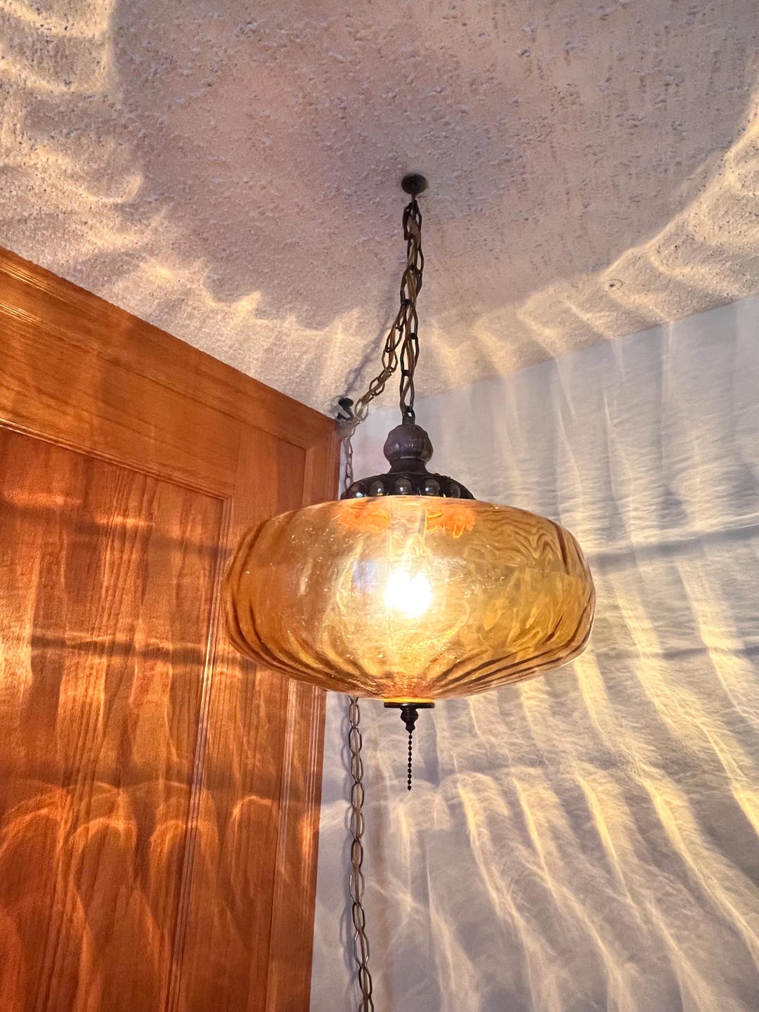 Mid Century Amber Swag Lamp Optic Glass UFO Amber and Root Beer Swag ...