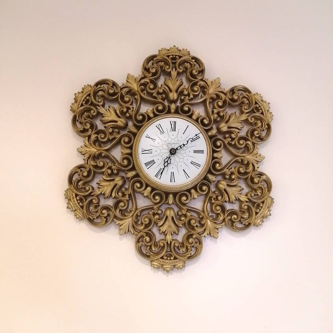 Hollywood Regency Sunburst Clock Ornate Vintage Vines Leaves Syroco ...