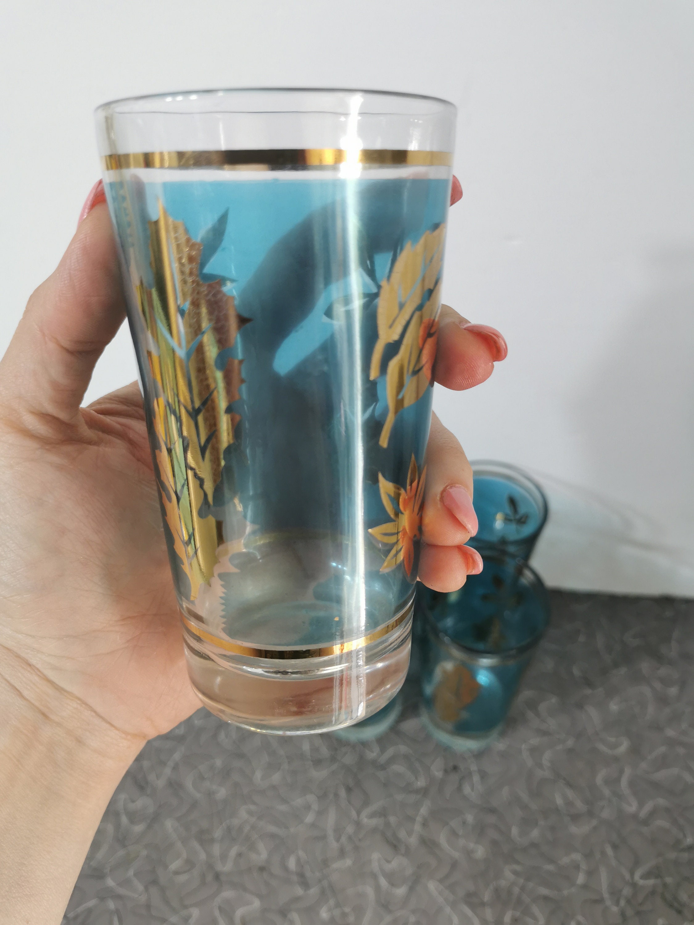Vintage 1950s Vintage MCM Libbey Aqua Gold LeafFrosted Tumblers With ...
