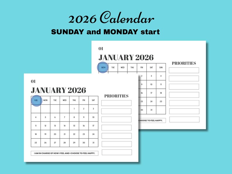 Calendrier 2026 à imprimer avec liste des priorités et affirmations ...