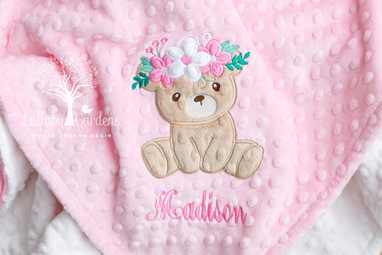 Baby Girl Minky Blanket, Appliqued Floral Teddy Bear Blanket - Etsy