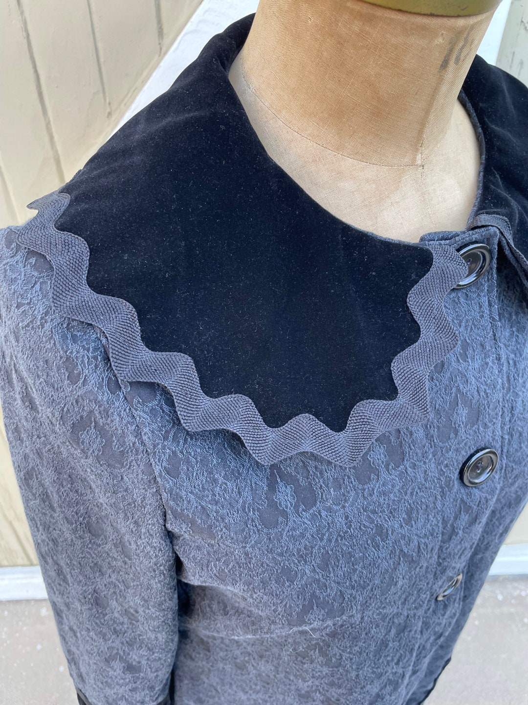 Long Knit Coat in Black Damask With Black Velvet Collar and Rick Rack ...