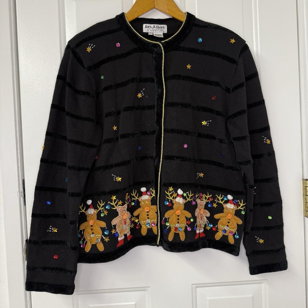 Vtg JACK B QUICK Christmas Reindeer Cardigan Sweater Womens Sz Large ...
