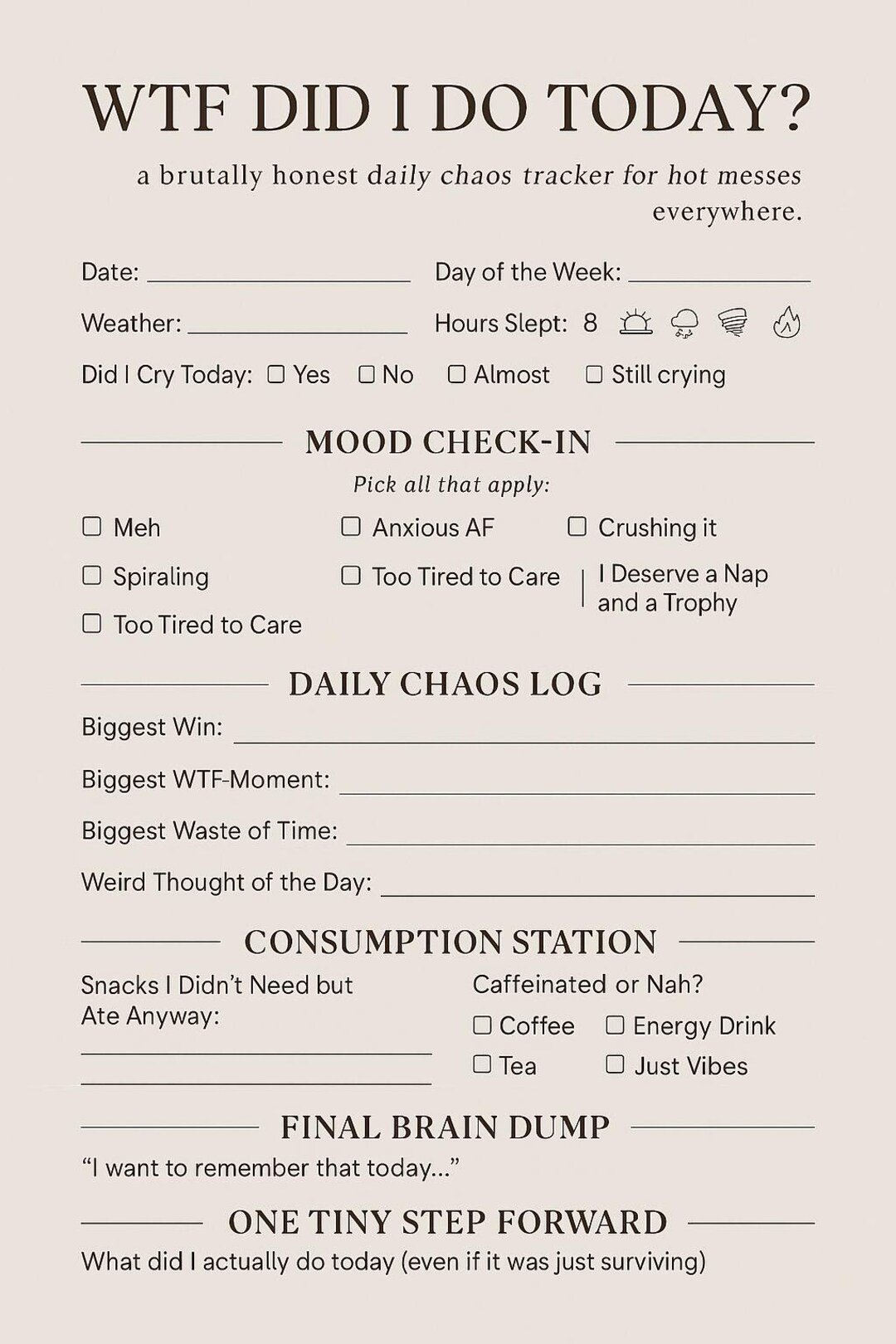 WTF Did I Do Today Funny Printable Daily Tracker for Adults Digital ...