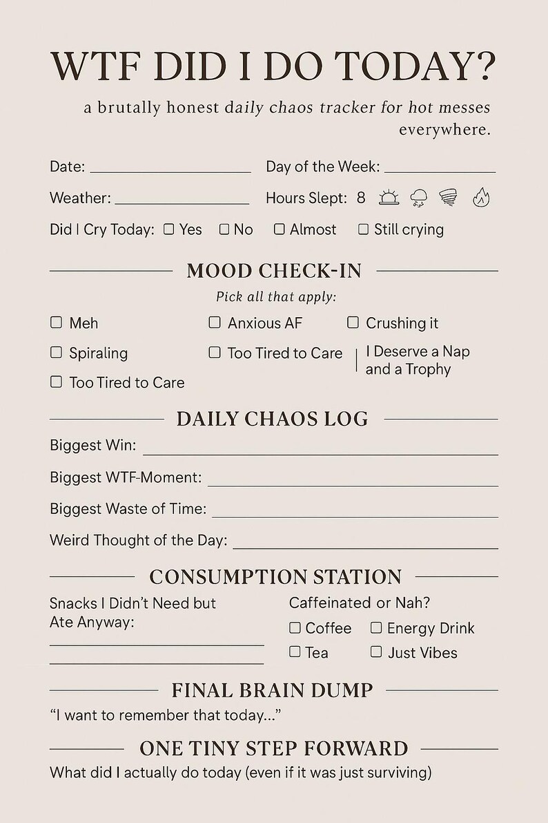 WTF Did I Do Today Funny Printable Daily Tracker for Adults Digital Download Chaos Journal Page ...
