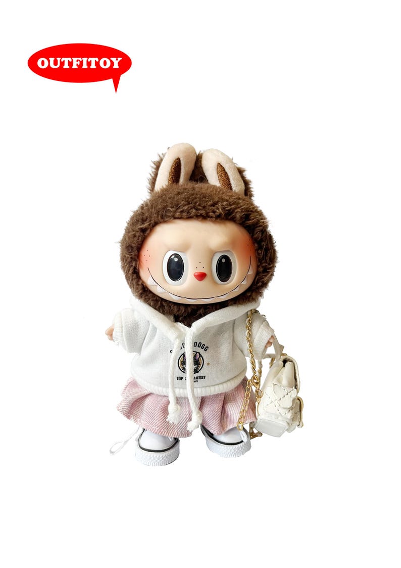 Labubu Puppy Love Outfit | White Dog Hoodie + Pink Plaid Skirt + Canvas ...