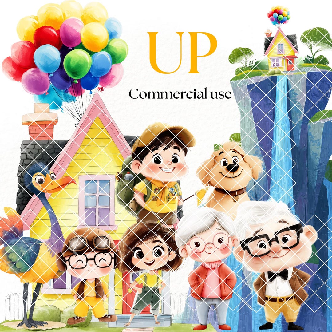 Up Movie Watercolor Clip Art: Balloons, House, Characters (PNG Digital ...