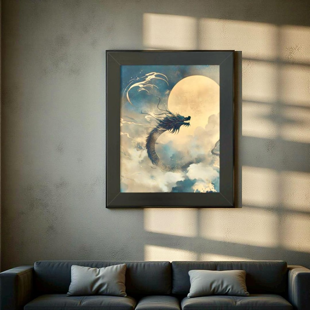 Dragon Wall Art, Japanese Dragon Poster, Moonlight Art Print, Fantasy ...