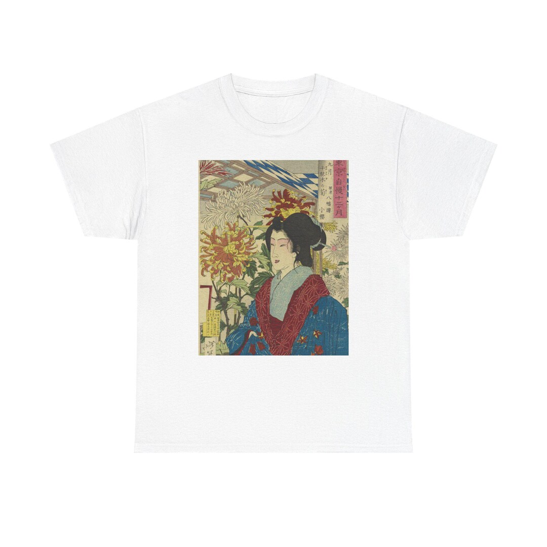 Vintage Japanese Geisha Illustration Tee | Ukiyo-e Floral Print - Etsy