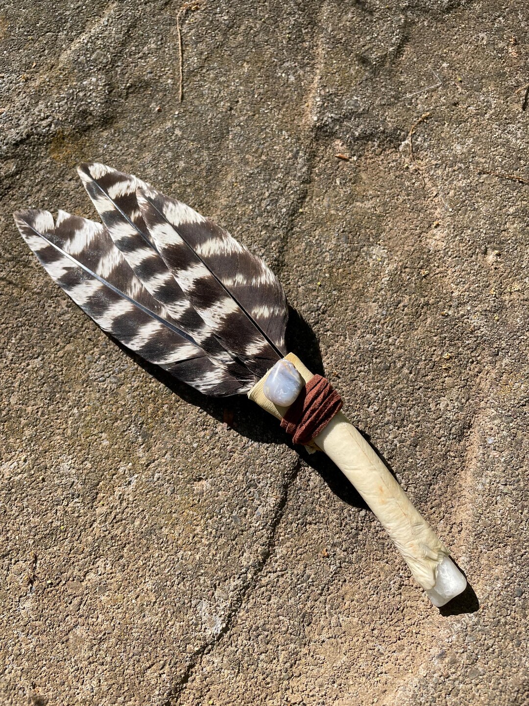 Small Hawk Feather Ceremonial Smudge Fan ~ Snow and Smokey Quartz ...
