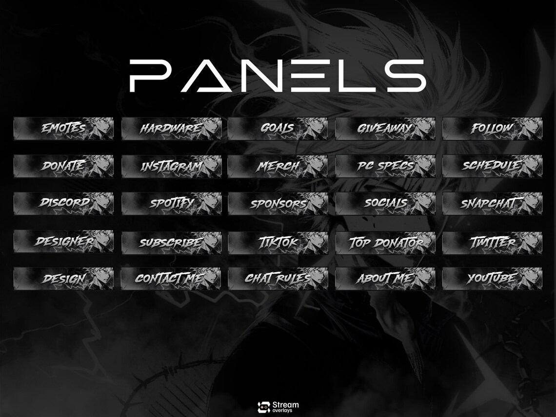 Anime Twitch Overlay Pack | Dark Monochrome Stream Screens | Lightning ...