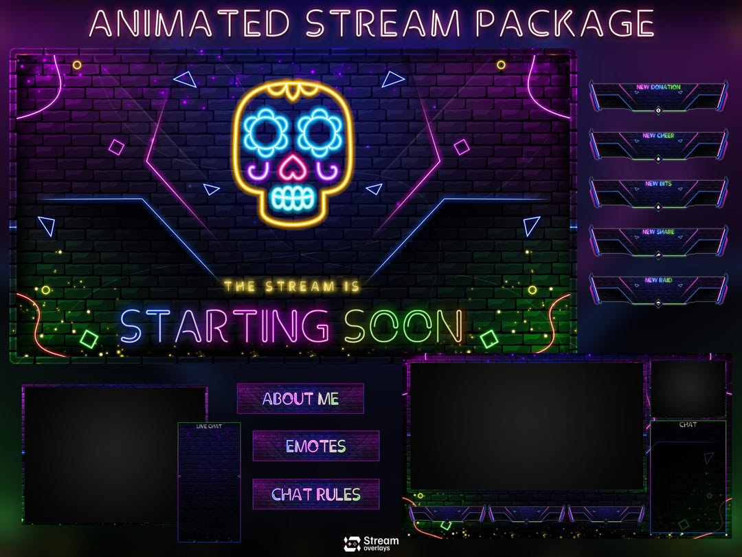 Neon Twitch Overlays | Skull Stream Overlay | Animated Screens | Glow ...