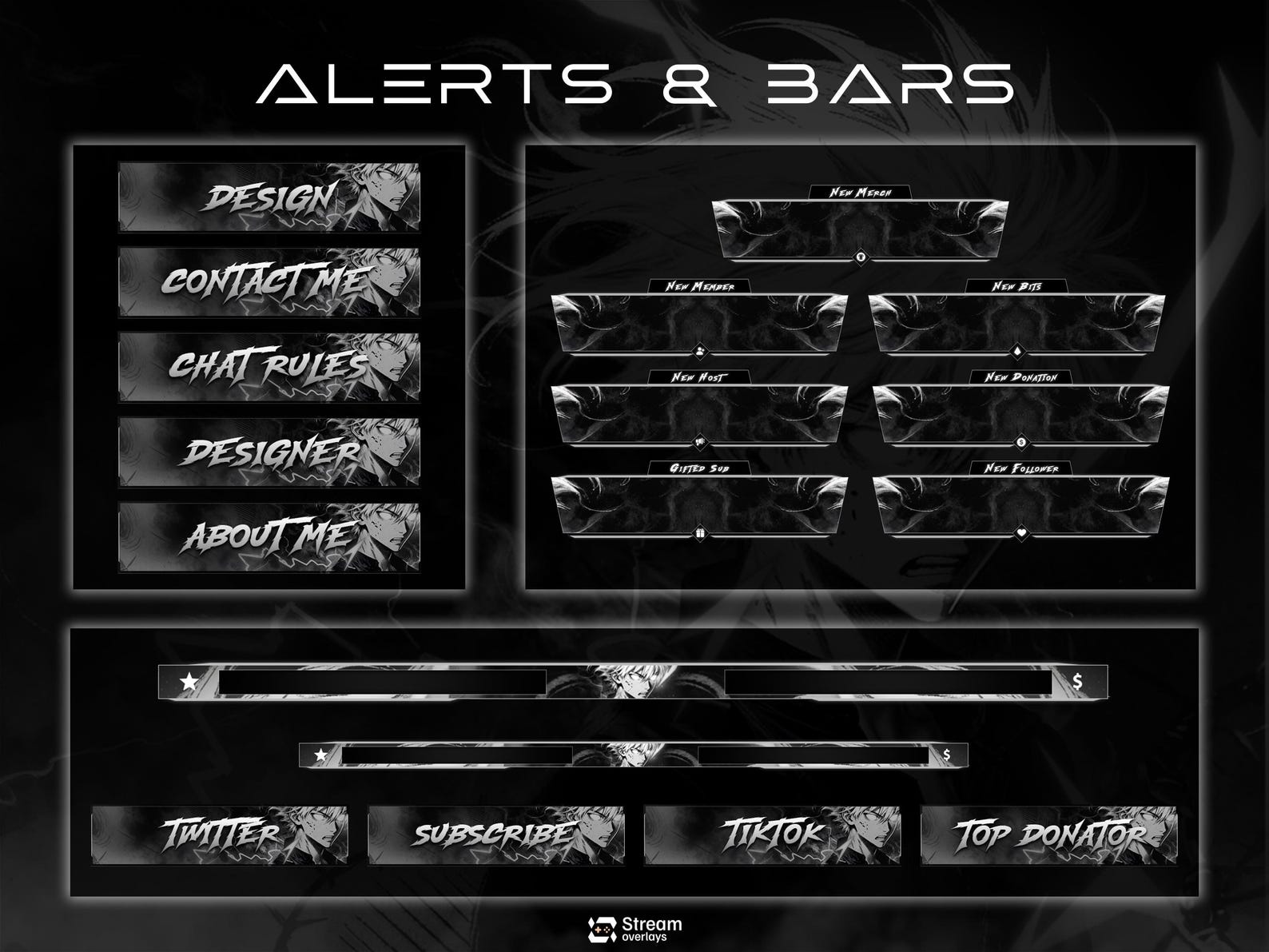 Anime Twitch Overlay Pack | Dark Monochrome Stream Screens | Lightning ...