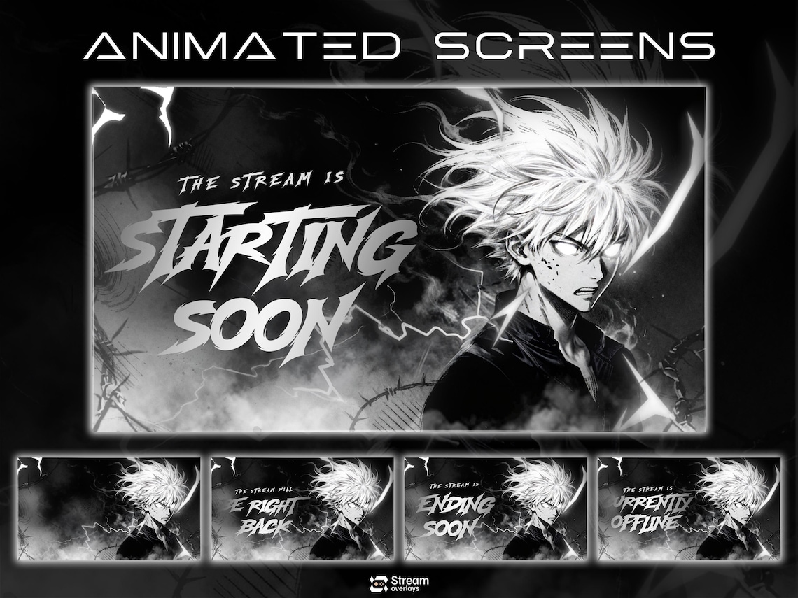 Anime Twitch Overlay Pack | Dark Monochrome Stream Screens | Lightning ...