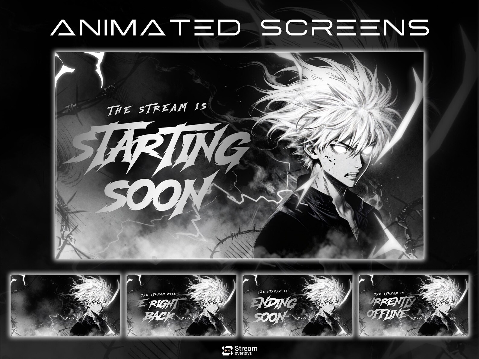 Anime Twitch Overlay Pack | Dark Monochrome Stream Screens | Lightning ...