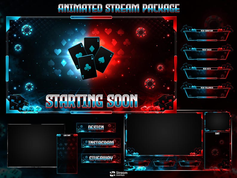 Poker Cards Stream Overlay Pack | Kick Stream | Card Game | Red Blue ...