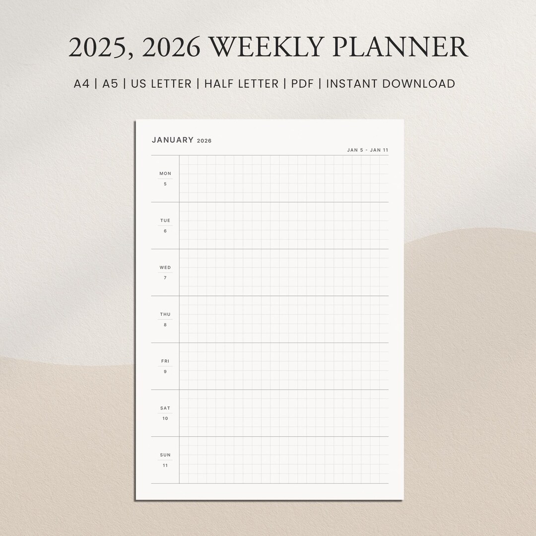 2025, 2026 Weekly Planner Printable | Grid Layout | Minimalist ...