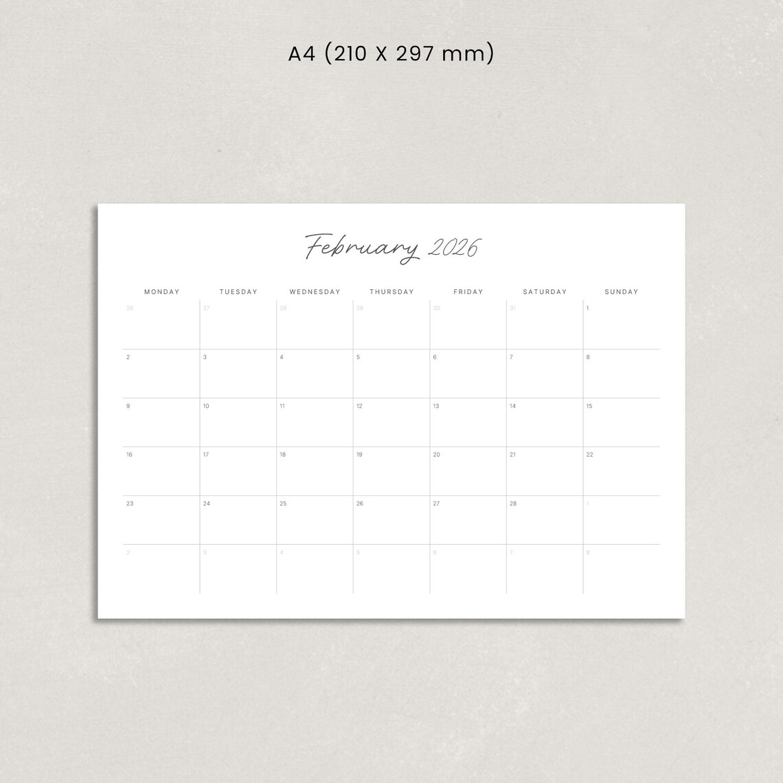 2025, 2026 Monthly Calendar PDF · Minimal Horizontal Layout · A4 US ...