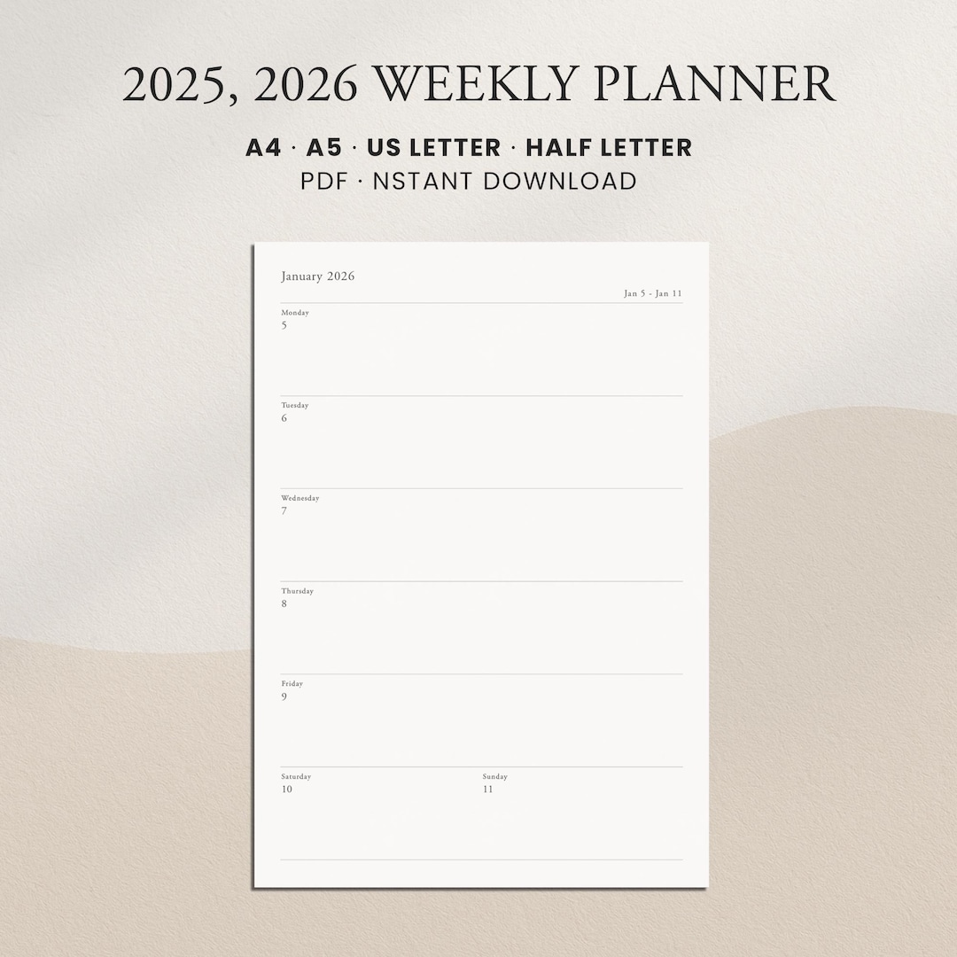 2025, 2026 Weekly Planner Printable PDF – Minimal One Page Layout – A4 ...