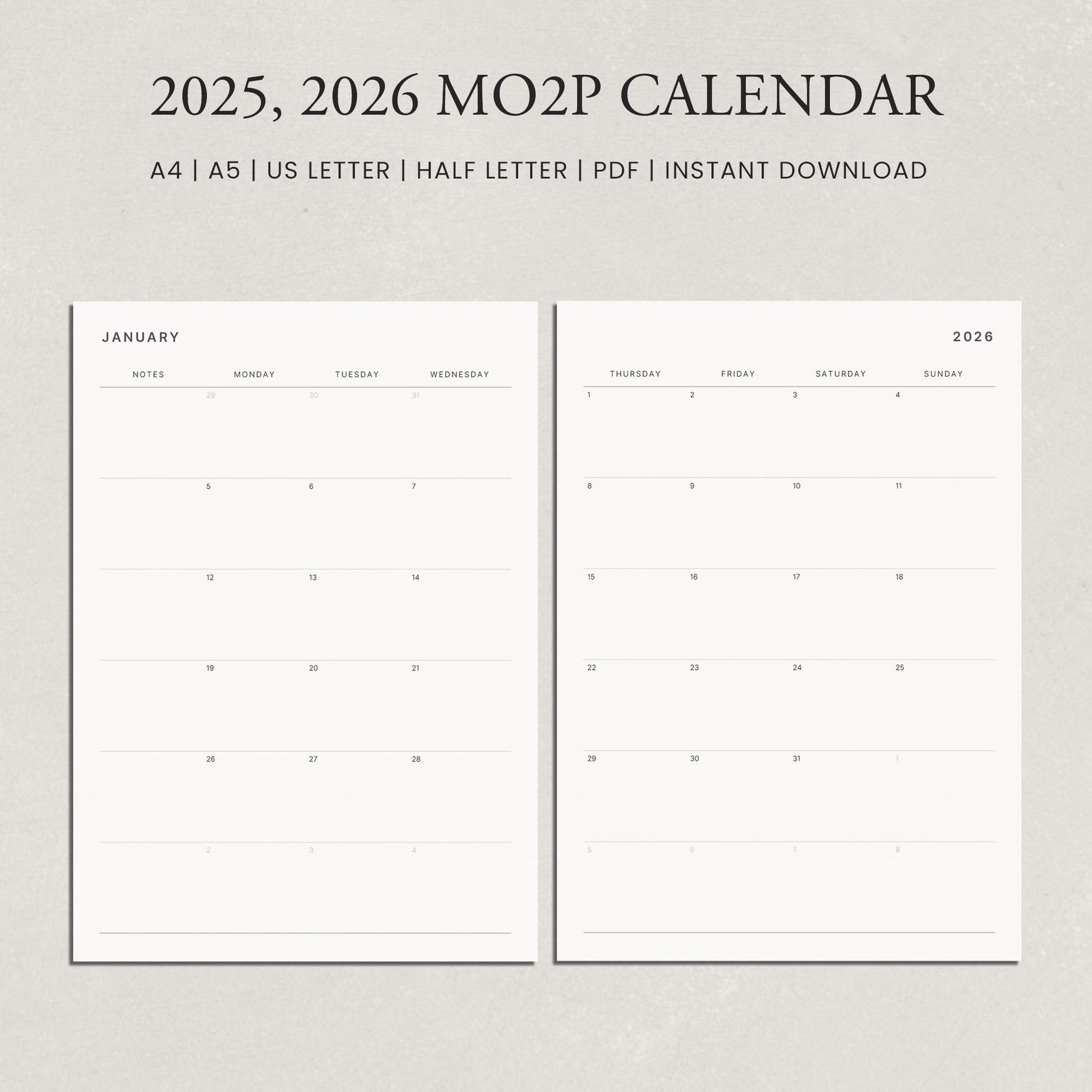 2025, 2026 Minimalist MO2P Calendar | Month on Two Pages Planner ...