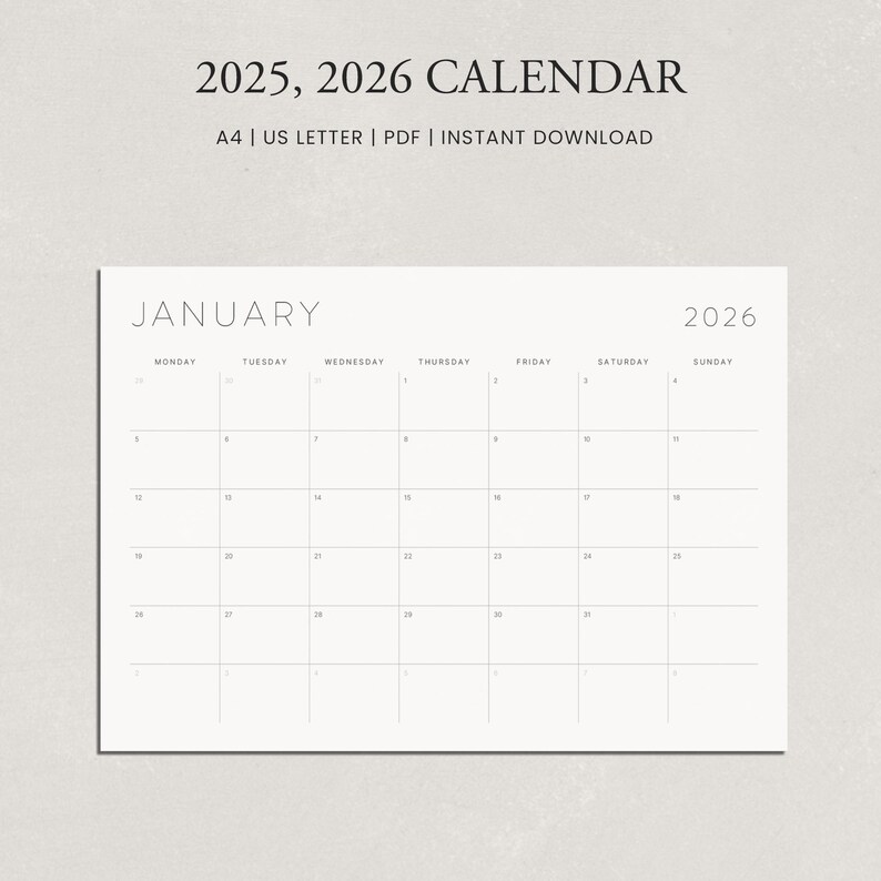 2025, 2026 Landscape Calendar | Minimalist Monthly Wall Planner | A4 ...