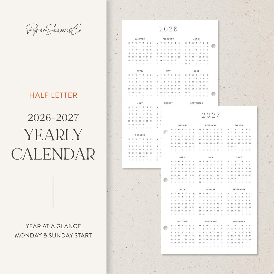 Half Letter | 2026-2027 Yearly Calendar Printable, Year on a Page for ...