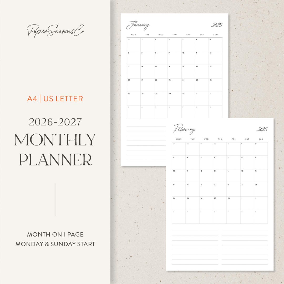 A4, US Letter | 2026-2027 Monthly Planner Refill, One Page per Month ...