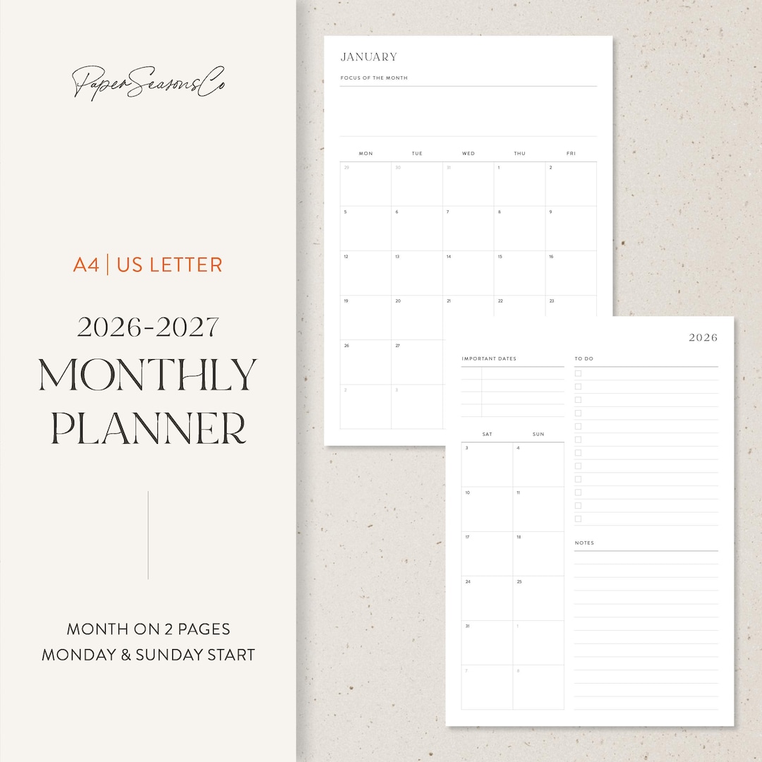 A4, US Letter | 2026-2027 Monthly Planner Refill, Two-page Layout With ...