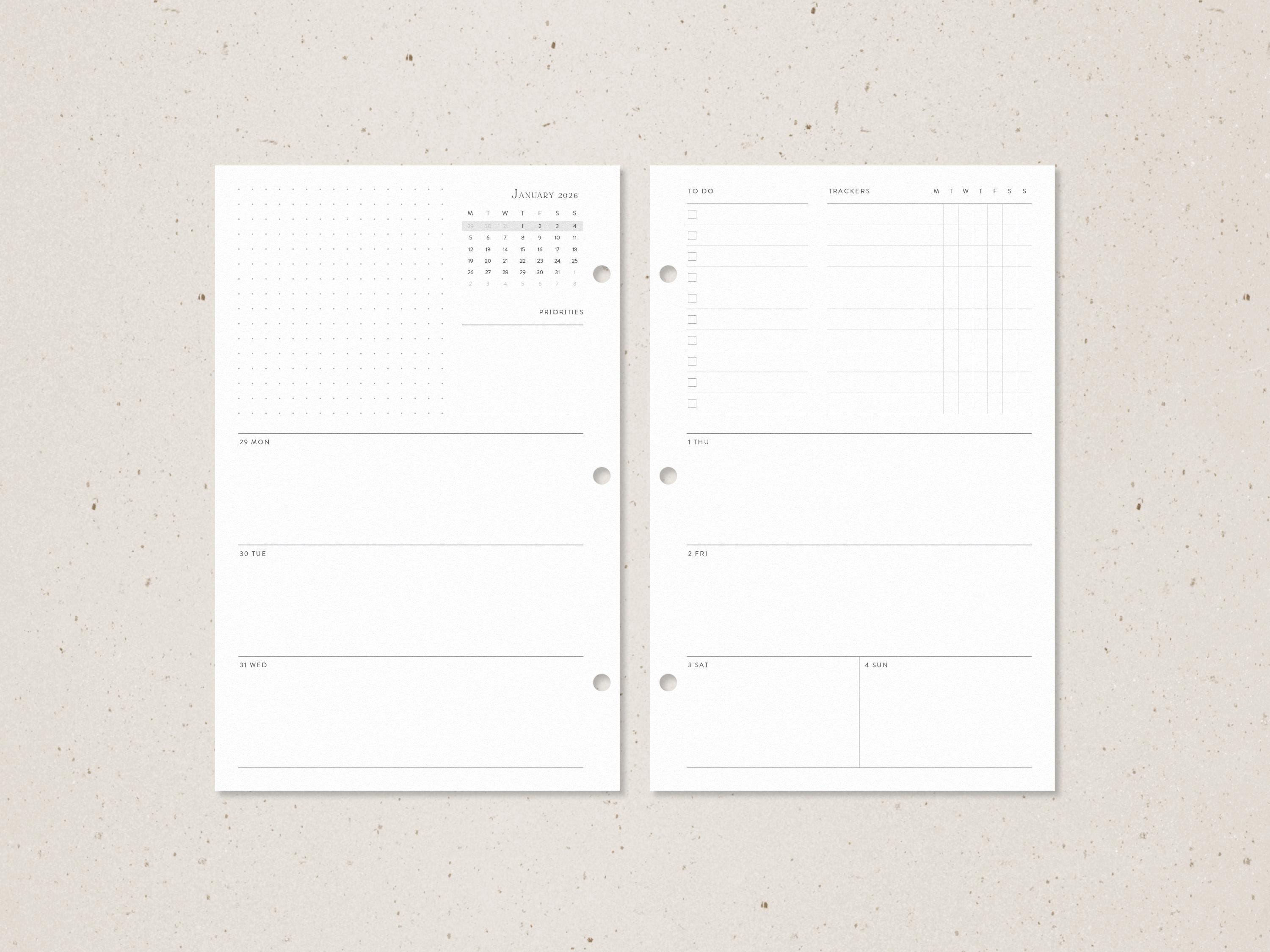 Half Letter | 2025-2026 Weekly Planner Pages, Functional Dot Grid ...