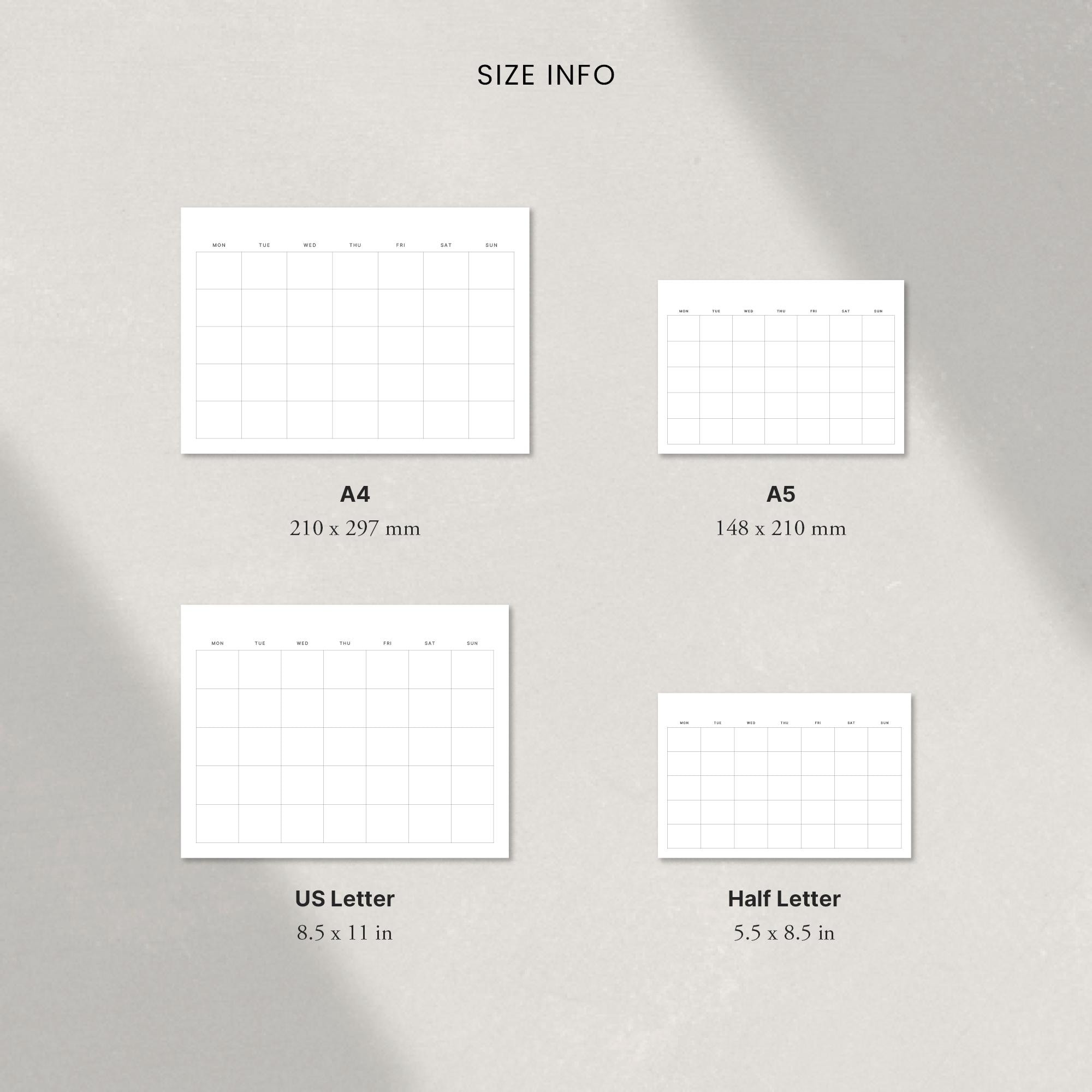 Minimal Monthly Planner | Horizontal One-page Calendar Layout | A4 A5 ...