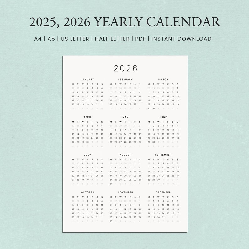 2025, 2026 Yearly Calendar Printable | One Page Overview | A4, A5, US ...