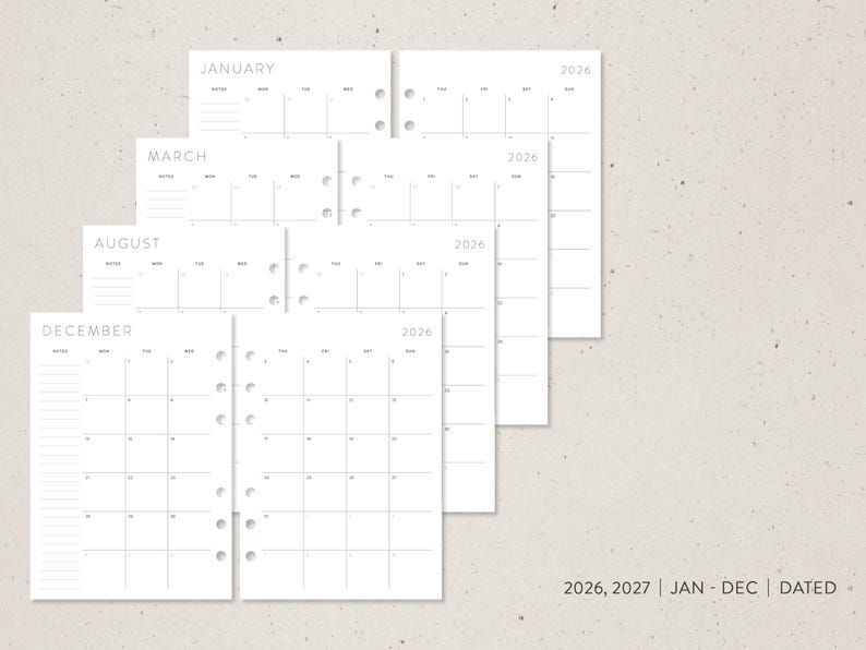 Personal Wide | 2026-2027 Calendar Inserts, Monthly Layout, Fits ...