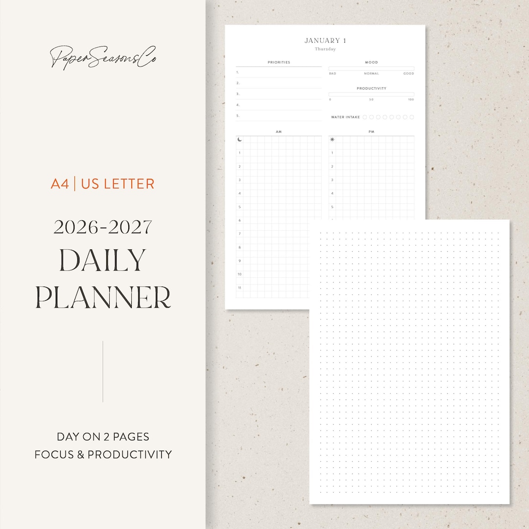 A4, US Letter | 2026-2027 Daily Planner - Day on 2 Pages With AM & PM ...