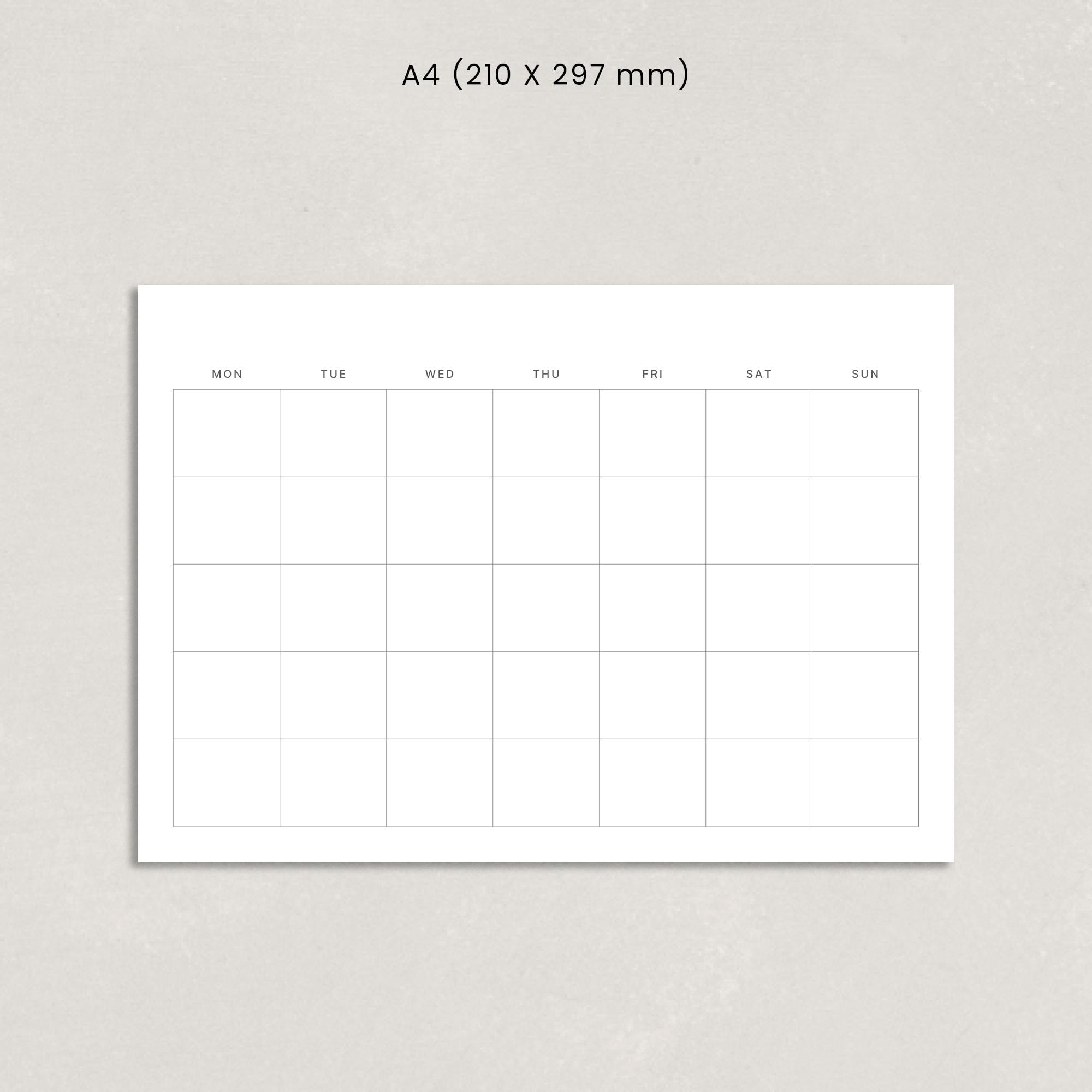 Minimal Monthly Planner | Horizontal One-page Calendar Layout | A4 A5 ...