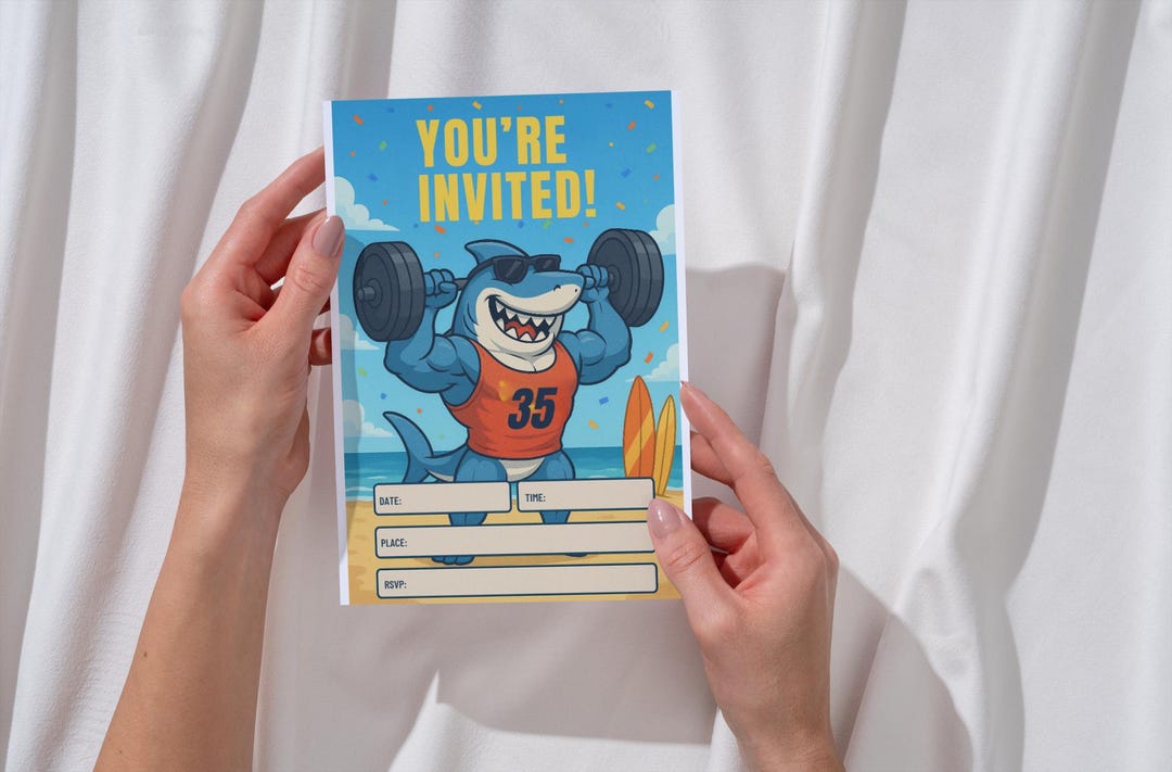 Buff Shark Invitation, Gym Shark Invitation, Blue Invitation, Buff ...