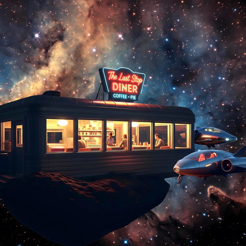 Edward Hopper-style Space Diner Print, Retro Futurism Art, Lonely Space ...
