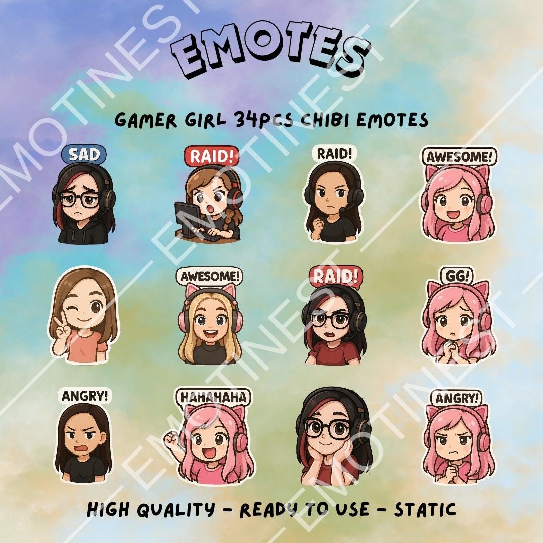 34 Kawaii Gamer Girl Emotes Bundle – Cute Chibi Anime PNG Emotes for ...