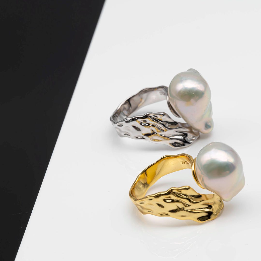 Freshwater Baroque Pearl Ring – Carved Band in Sterling Silver or Gold ...