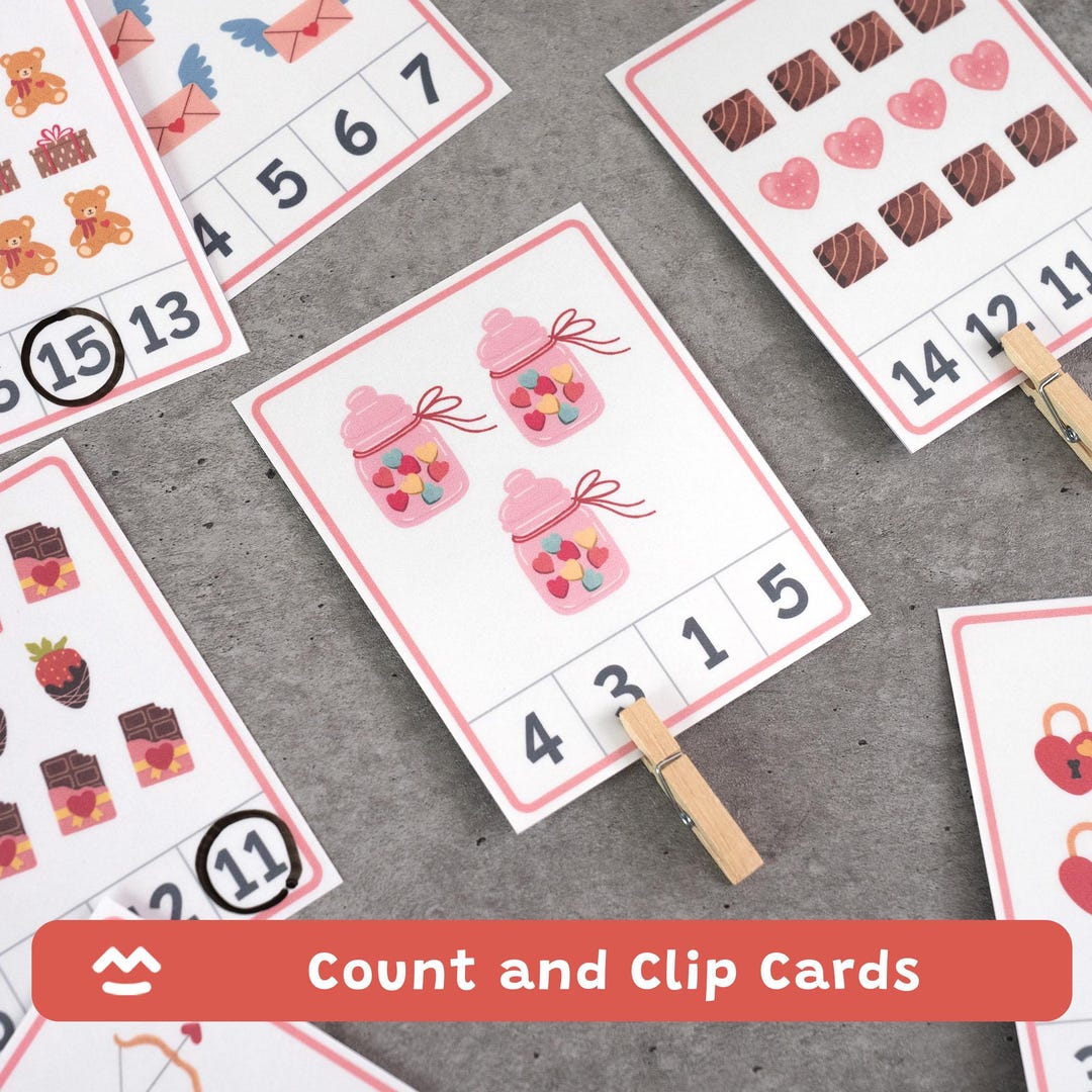 Valentine’s Day Count and Clip Cards, Valentine Math Activity, Counting ...