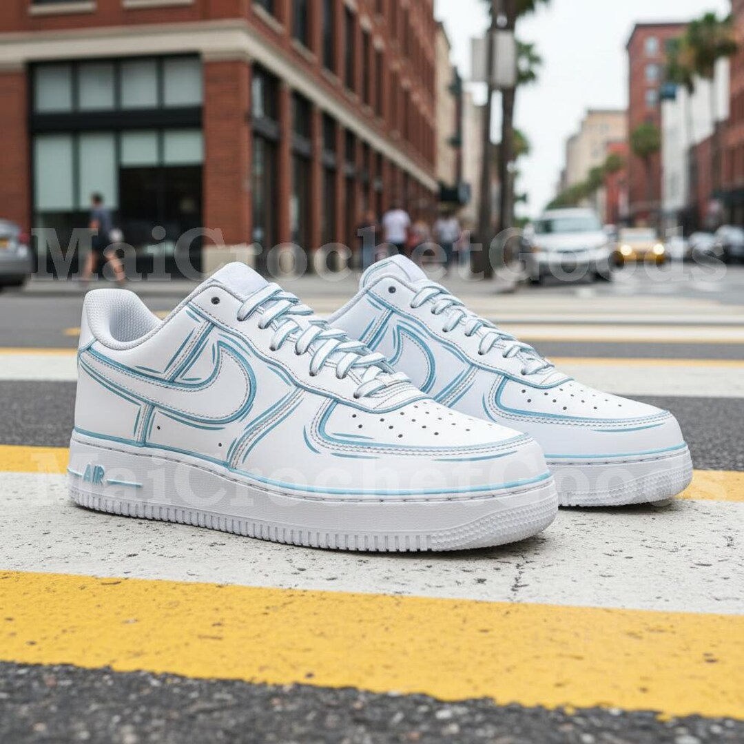 Custom Hand-painted AF1 Sneakers, Light Blue Line Art Design, Minimal ...