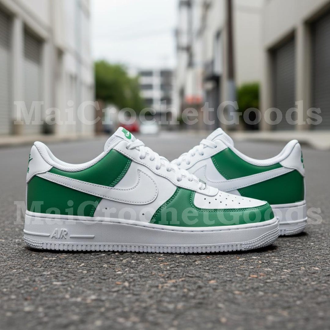 Custom Hand-painted Green White Air Force 1 Sneakers, Color Block AF1 ...