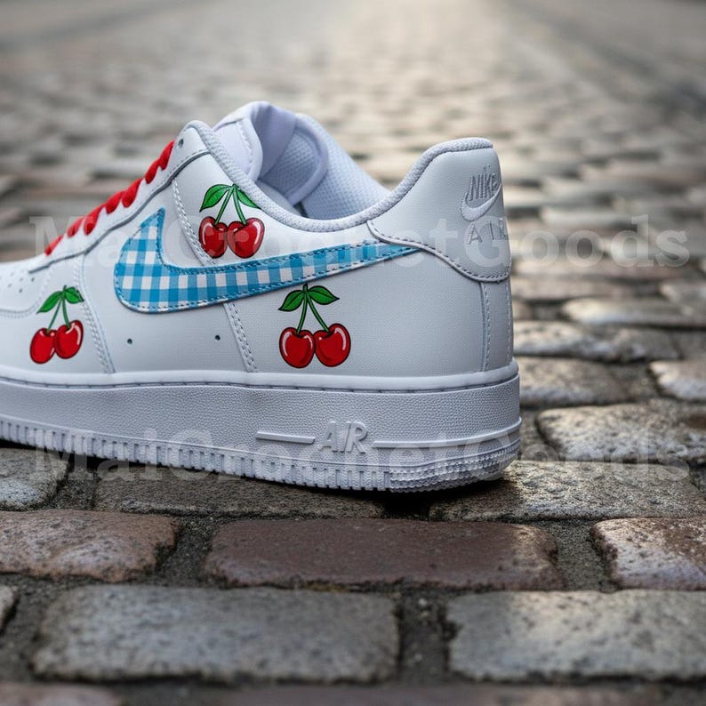 Cherry Custom AF1 Shoes | Blue Gingham Swoosh Air Force One | Fun ...