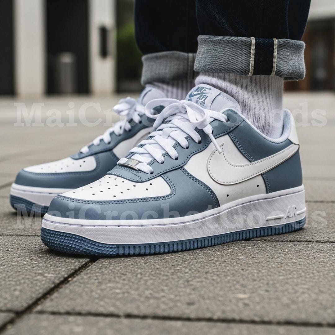 Custom AF1 Style Sneakers, Blue White Low Top Shoes, Classic Clean ...