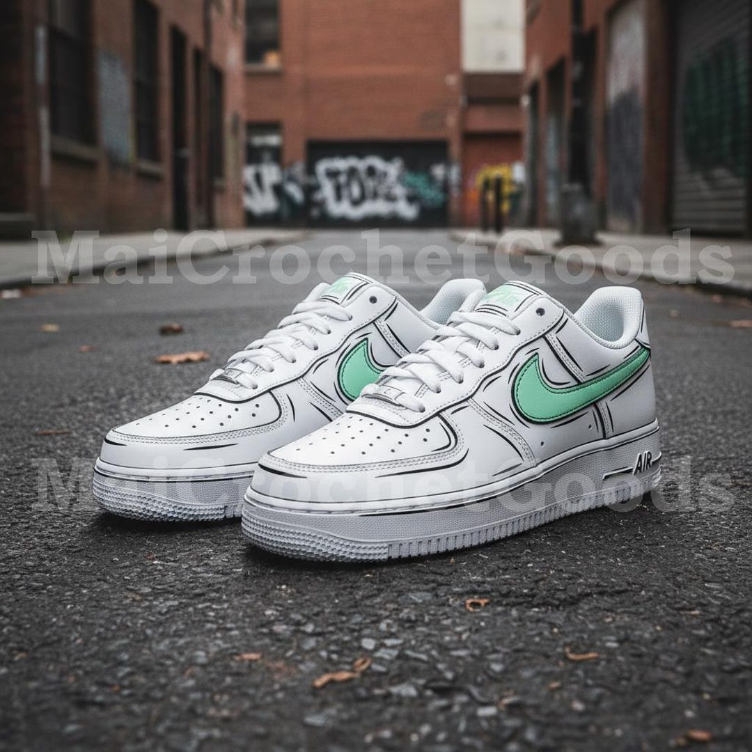 Custom Hand-painted AF1 Sneakers, Mint Line Art, Artistic Low Top Shoes ...